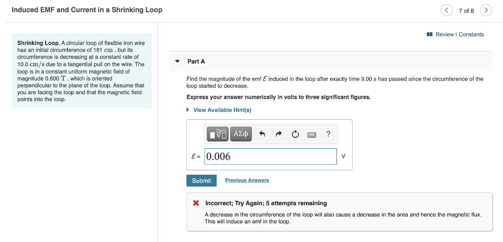 Solved Induced EMF and Current in a Shrinking Loop 7 of 8 A | Chegg.com