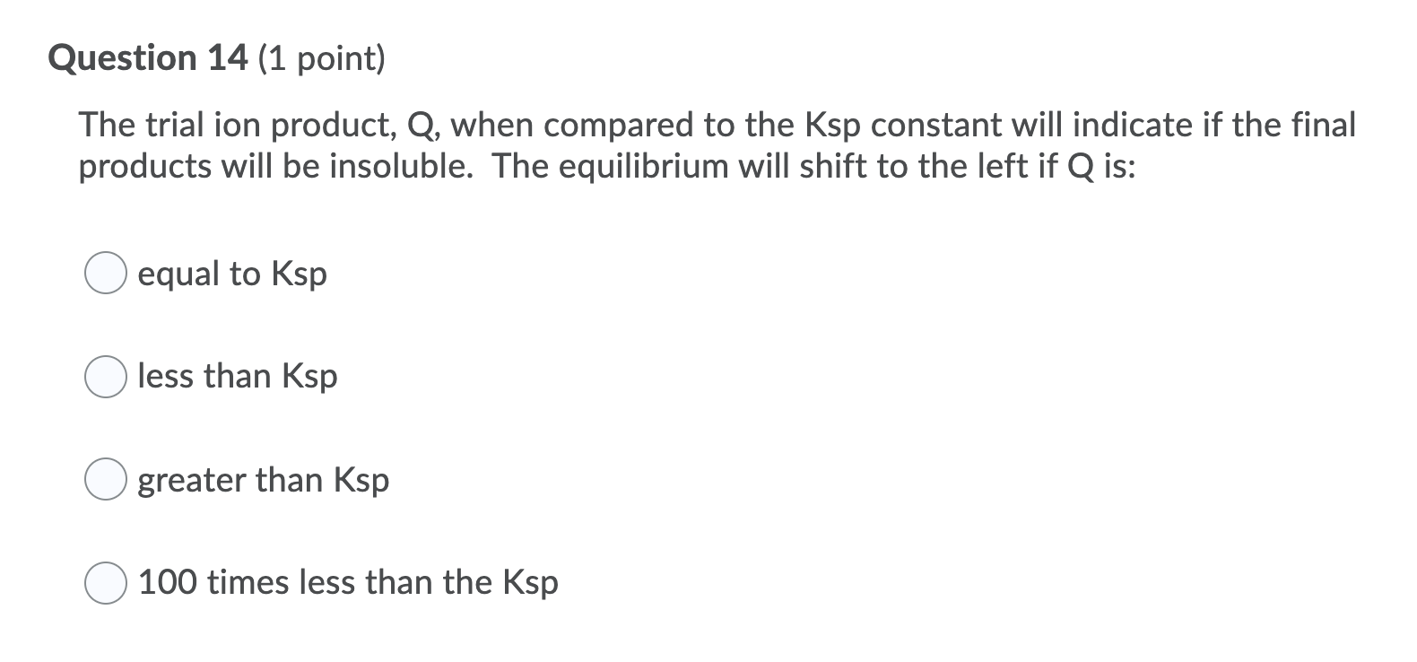 Solved Question 14 (1 point) The trial ion product, Q, when | Chegg.com