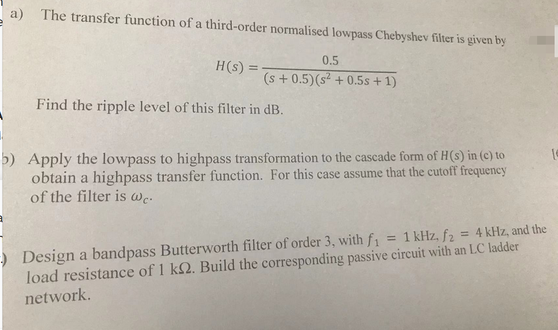 a) The transfer function of a third-order normalised | Chegg.com