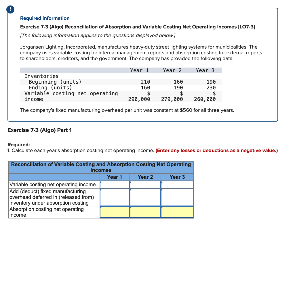 Solved ! Required information Exercise 7-3 (Algo) | Chegg.com