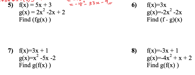 Solved f(x)=5x+3=−182−33x−9//g(x)=2x2−2x+2 Find (fg(x)) 6) | Chegg.com