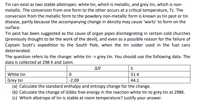 Solved Tin can exist as two stable allotropes: white tin, | Chegg.com