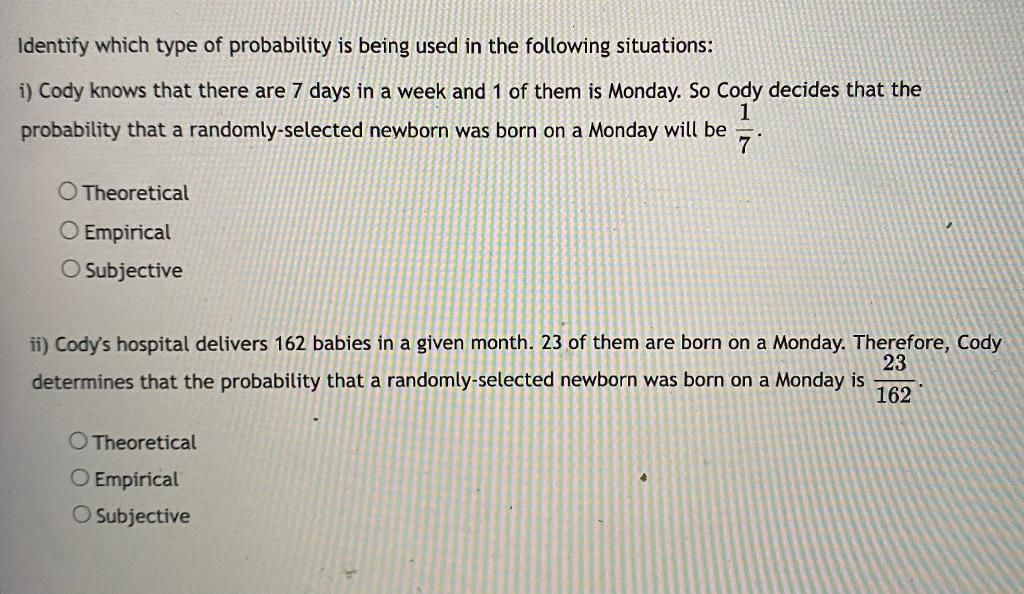 Solved Identify which type of probability is being used in | Chegg.com