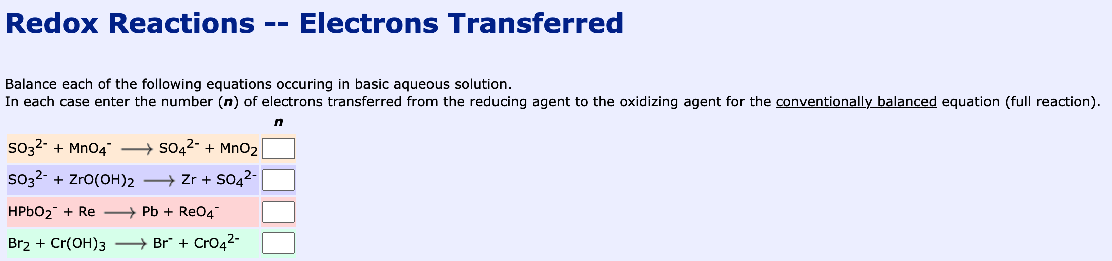 Solved Redox Reactions -- Electrons Transferred Balance each | Chegg.com