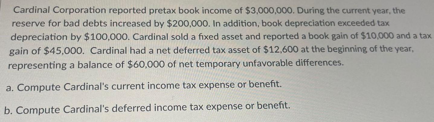 Solved Cardinal Corporation reported pretax book income of | Chegg.com