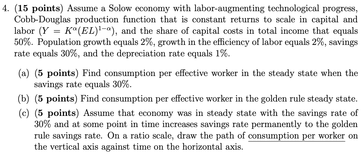 Solved 4. (15 points) Assume a Solow economy | Chegg.com