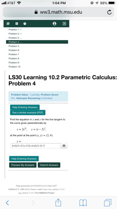 Solved ll AT&T 1:04 PM ww3.math.msu.edu Problem 2 Problem 3 | Chegg.com