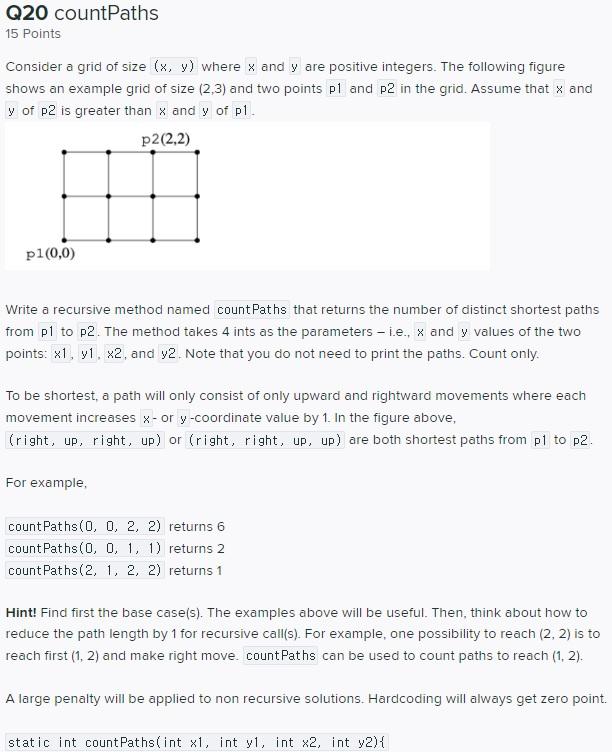 Solved Q20 countPaths 15 Points Consider a grid of size (x, | Chegg.com