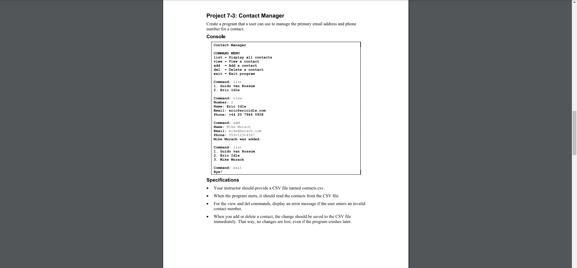 Solved Project 7-3: Contact Manager Create a program that a | Chegg.com