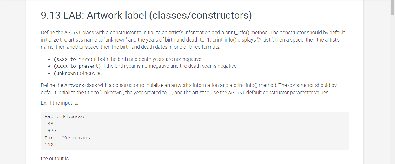 Solved 9.13 LAB: Artwork label (classes/constructors) Define | Chegg.com