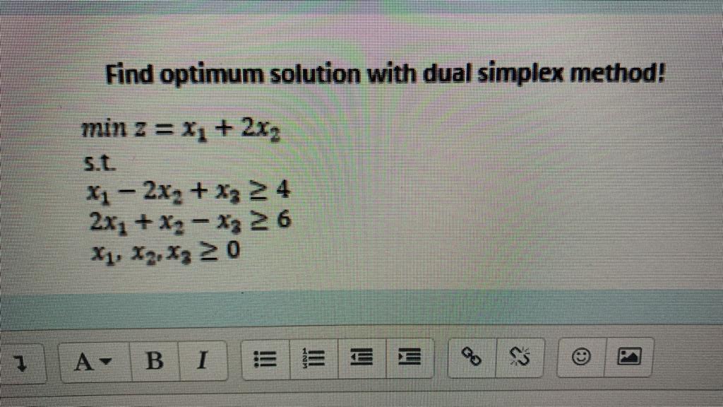 Solved Find optimum solution with dual simplex method! min z | Chegg.com