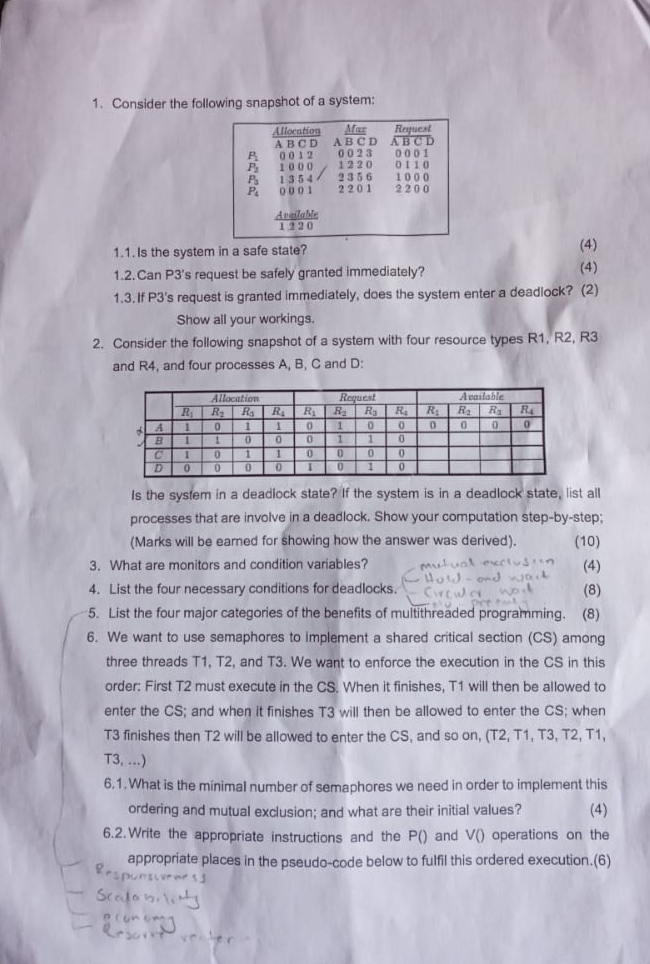 Solved 1. Consider the following snapshot of a system: 1.1. | Chegg.com