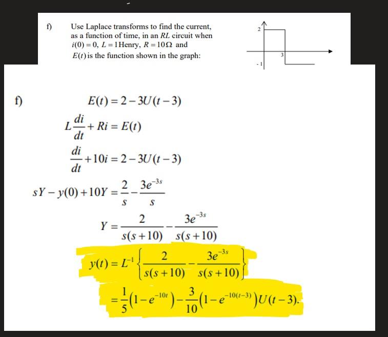 Solved f) Use Laplace transforms to find the current, as a | Chegg.com
