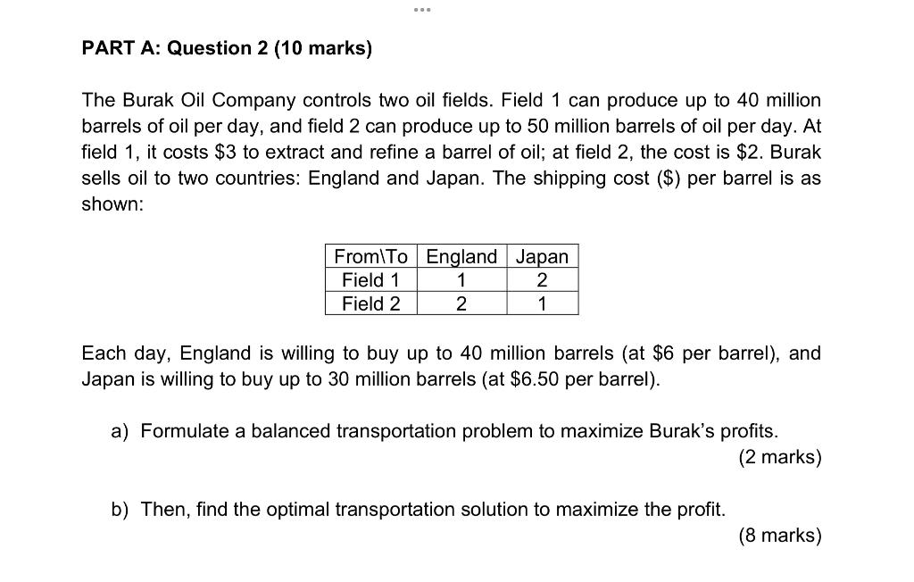 Solved The Burak Oil Company controls two oil fields. Field | Chegg.com