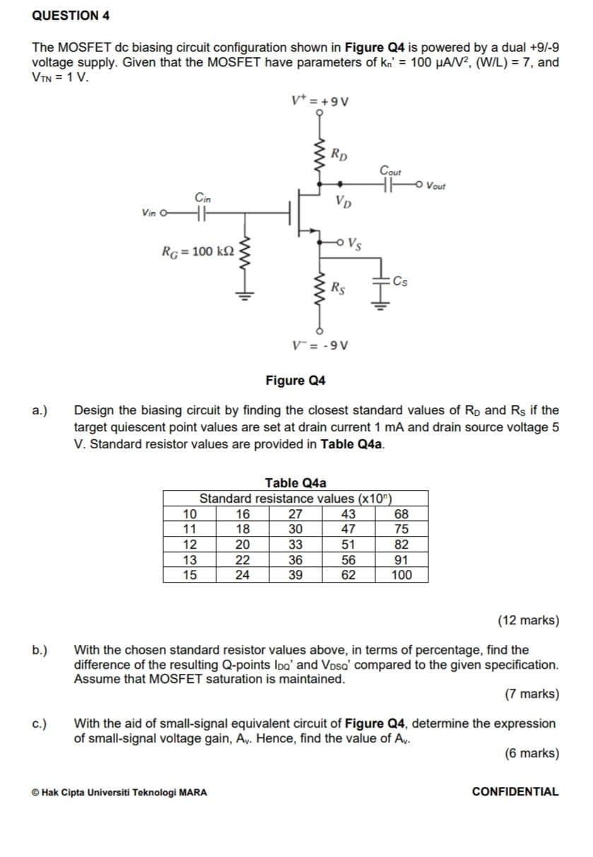 Solved QUESTION 4 The MOSFET dc biasing circuit | Chegg.com