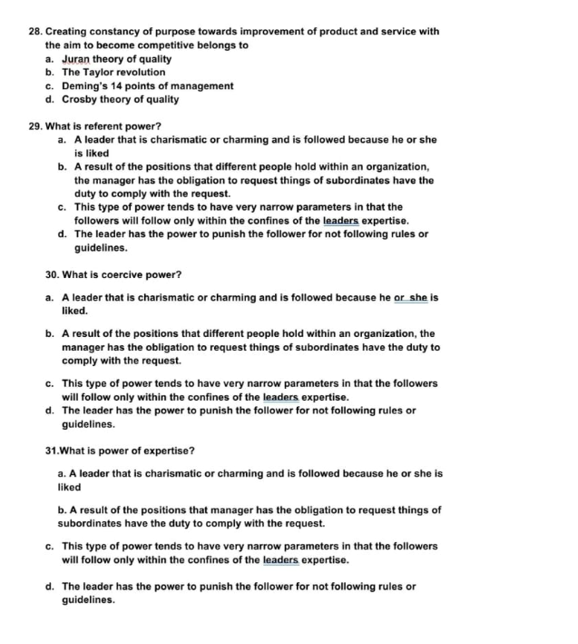 Solved 28. Creating constancy of purpose towards improvement | Chegg.com