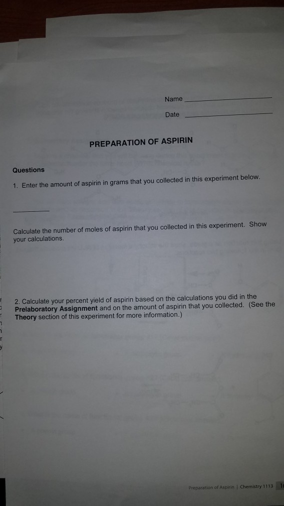 Solved Name Date PREPARATION OF ASPIRIN Prelaboratory | Chegg.com