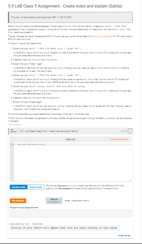 Solved 5.9 LAB Class 5 Assignment - Create index and explain | Chegg.com Solved 5.9 LAB Class 5 Assignment - Create index and explain | Chegg.com