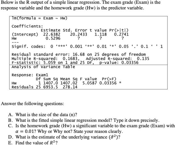 Solved Below is the R output of a simple linear regression. | Chegg.com