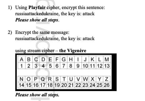 Solved 1) Using Playfair cipher, encrypt this sentence: | Chegg.com