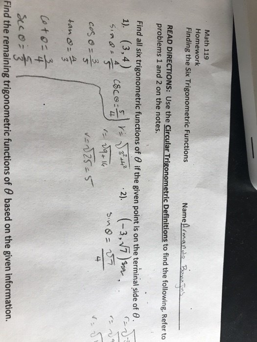 Solved Math 119 Homework Finding The Six Trigonometric