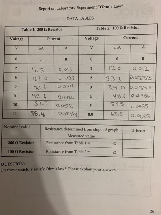 Solved Report on Laboratory Experiment "Ohm's Law" DATA | Chegg.com
