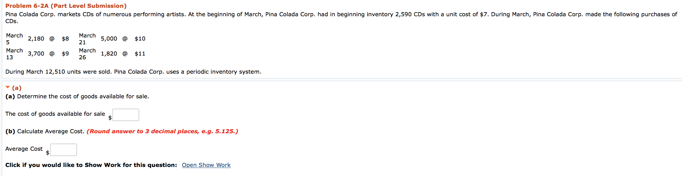 Solved Problem 6-2A (Part Level Submission) Pina Colada | Chegg.com