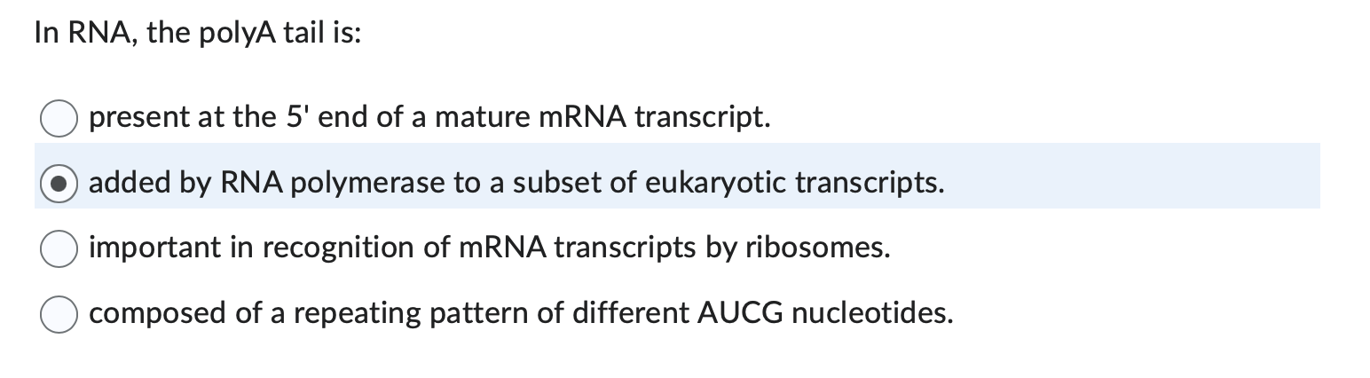 Solved In RNA, the polyA tail is:present at the 5 ' ﻿end of | Chegg.com