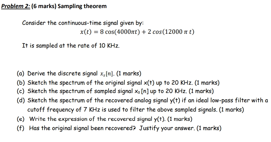 Solved Problem 2: 6 marks) Sampling theorem Consider the | Chegg.com