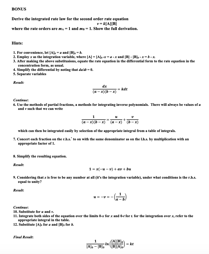 Solved BONUS Derive the integrated rate law for the second | Chegg.com