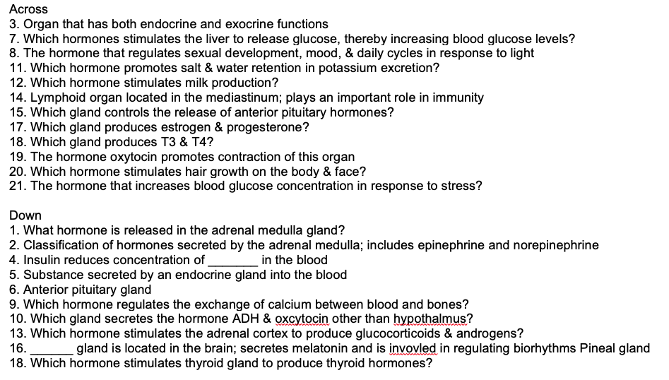 Solved Across 3. Organ that has both endocrine and exocrine | Chegg.com