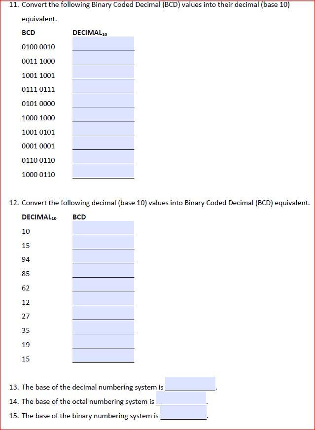 Solved 11. Convert the following Binary Coded Decimal (BCD) | Chegg.com