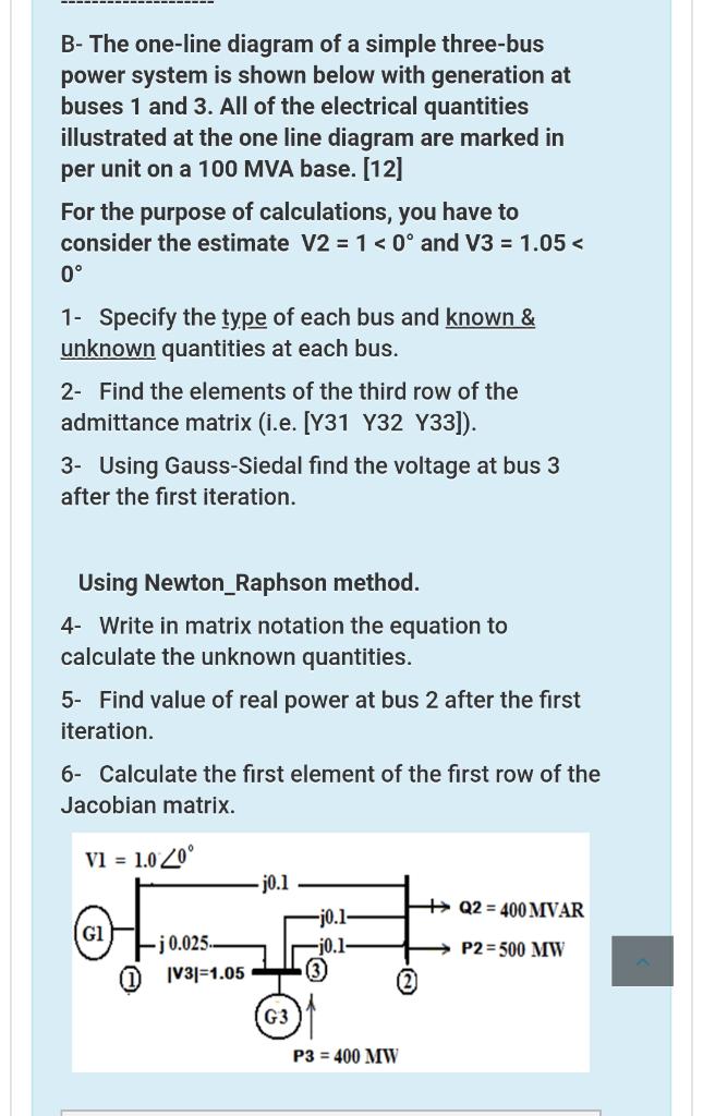 Solved B- The one-line diagram of a simple three-bus power | Chegg.com