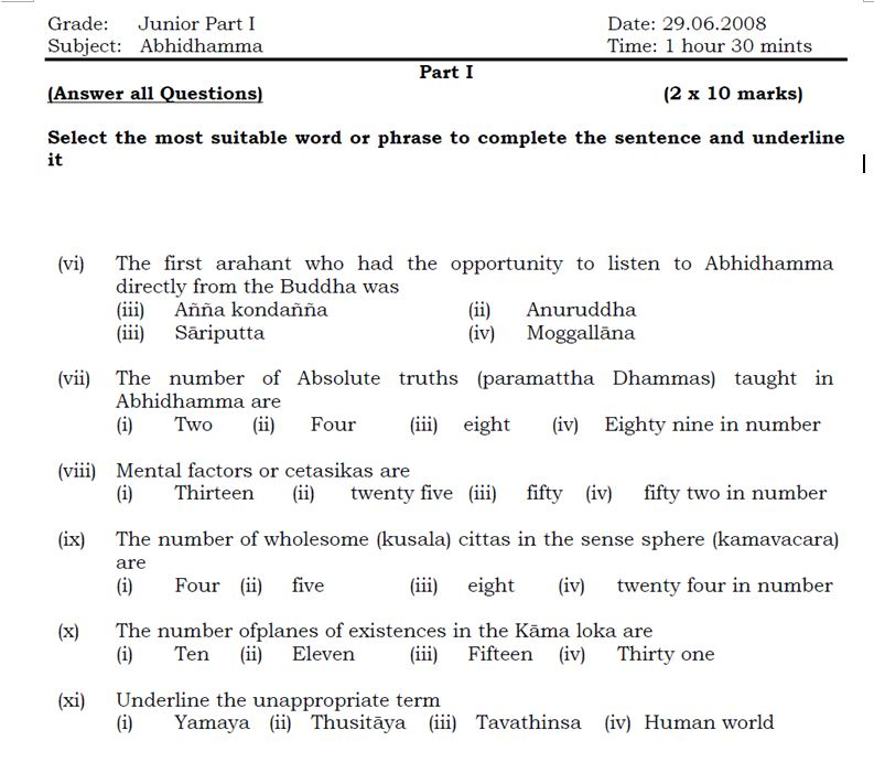 Solved Grade: Junior Part I Subject: Abhidhamma Date: | Chegg.com