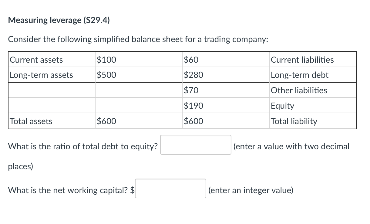 Solved Measuring leverage (S29.4) Consider the following | Chegg.com