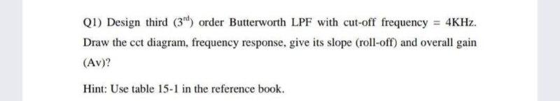 Solved Q1) Design third (3d) order Butterworth LPF with | Chegg.com