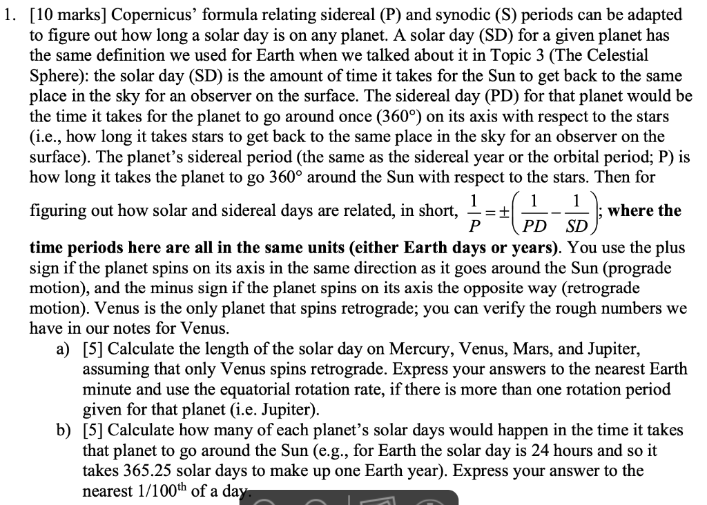 1. [10 marks] Copernicus' formula relating sidereal | Chegg.com