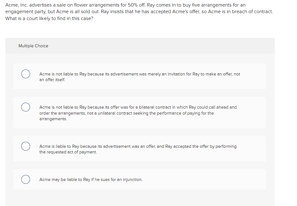 Solved Acme, Inc. advertises a sale on flower arrangements | Chegg.com