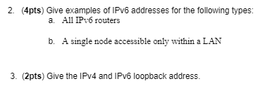 Solved 2. (4pts) Give examples of IPv6 addresses for the | Chegg.com