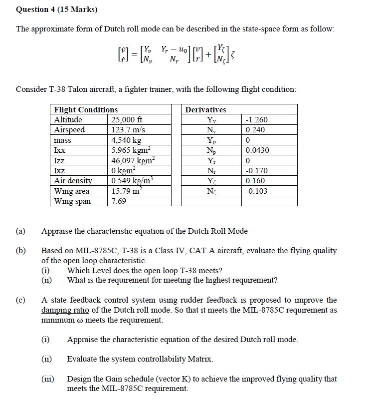 Solved The approximate form of Dutch roll mode can be | Chegg.com