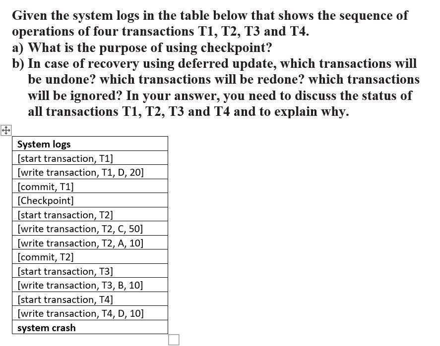 Solved Given the system logs in the table below that shows | Chegg.com