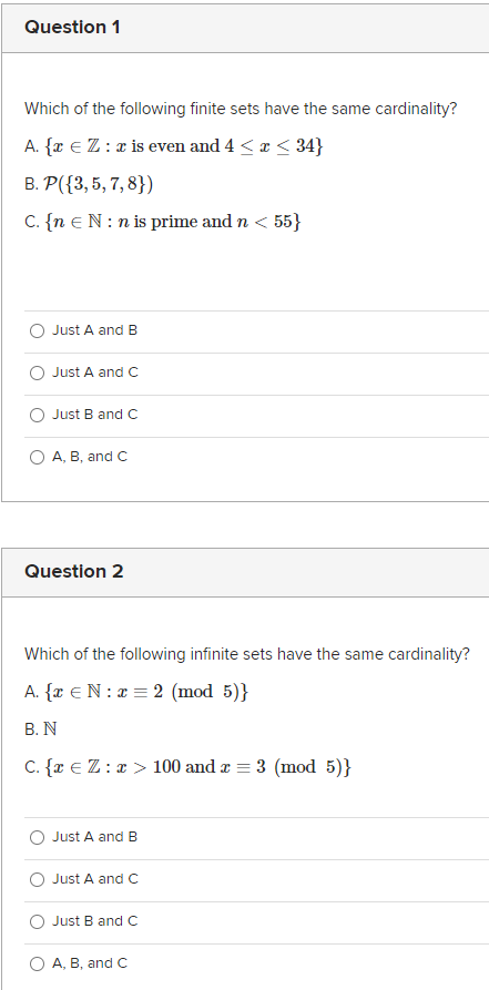 Solved Question 1 Which of the following finite sets have | Chegg.com