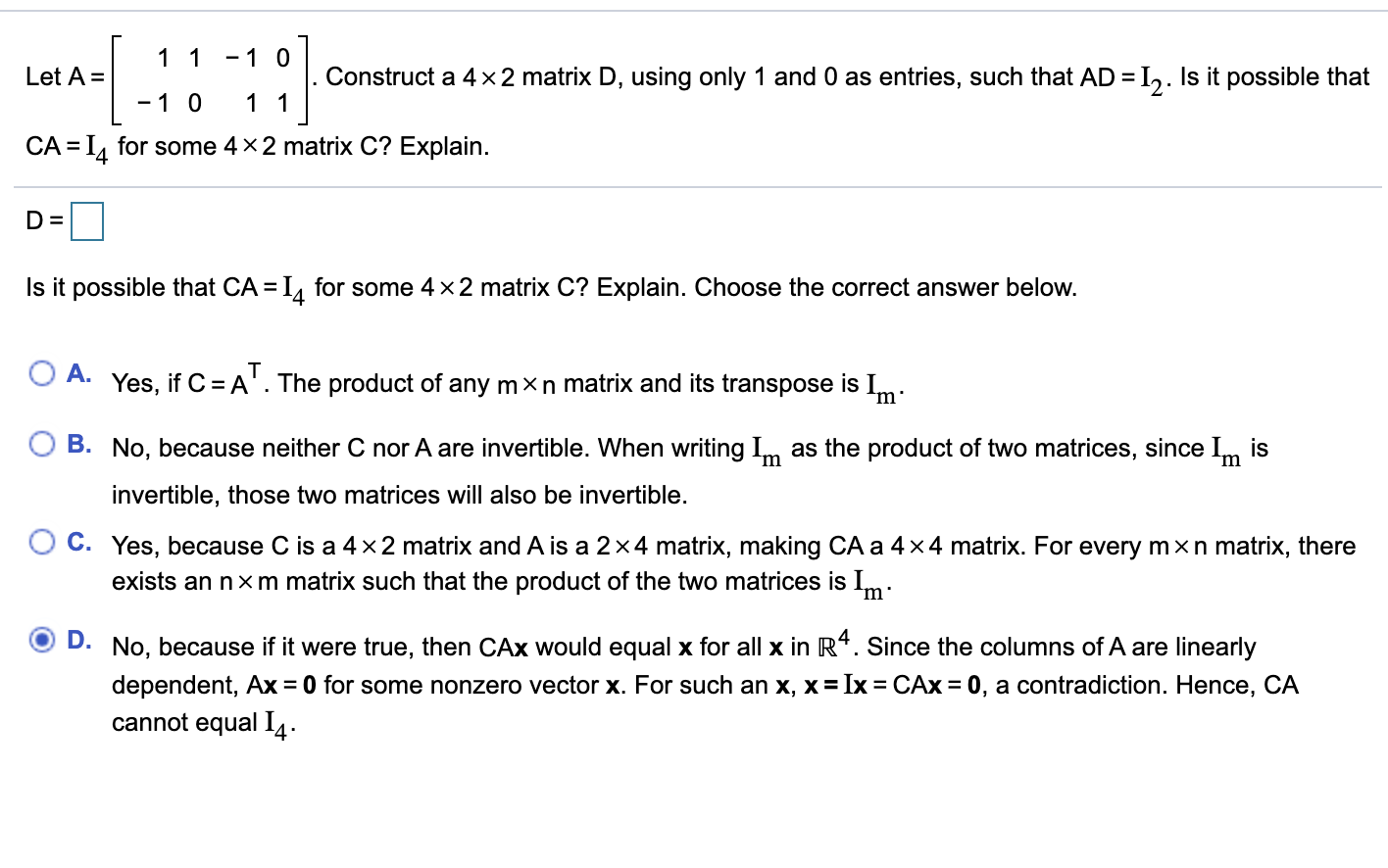 Solved 1 1 -1 0 Let A= Construct a 4x2 matrix D, using only | Chegg.com