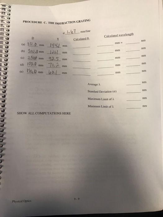 Solved EDURE C. THE DIFFRACTION GRATING mm/line Calcu Y | Chegg.com