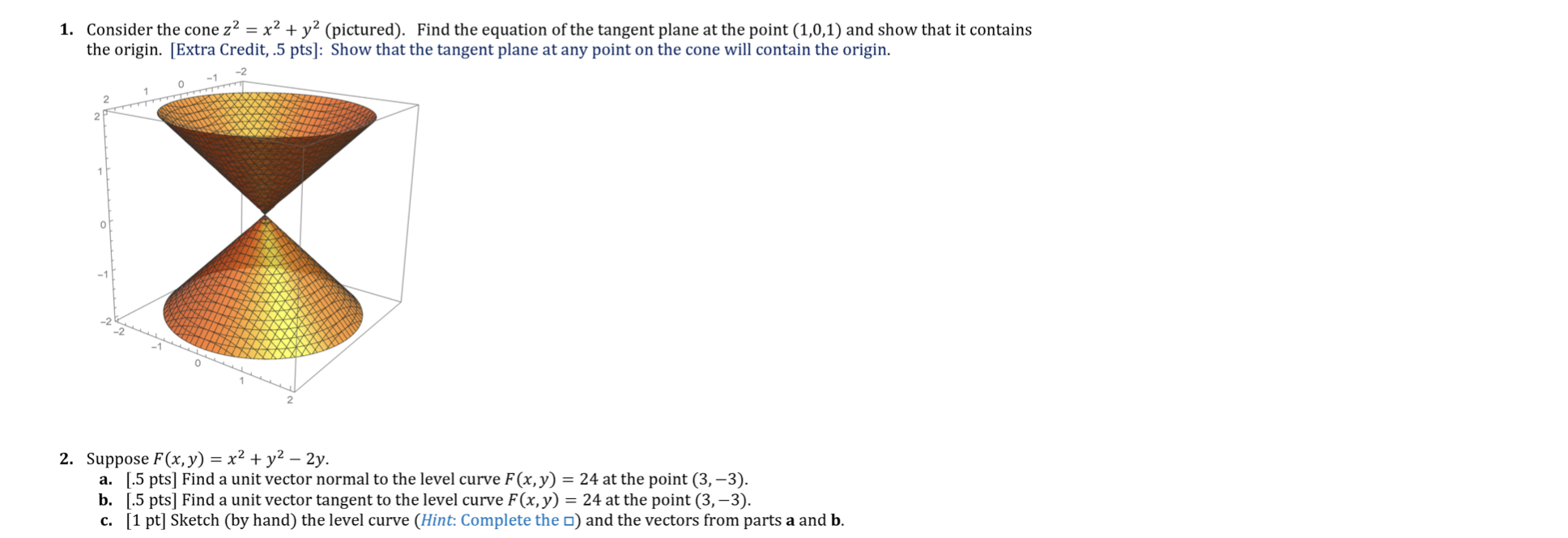 Solved 1. Consider the cone z2 = x2 + y2 (pictured). Find | Chegg.com