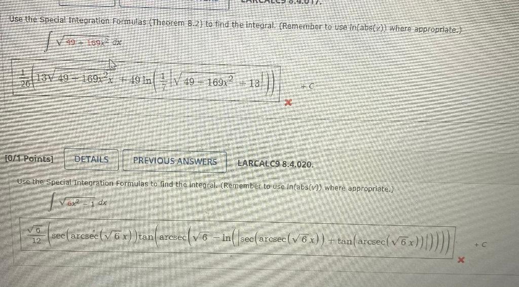 Solved Use the Special Integration Formulas (Theorem 8.2) to | Chegg.com