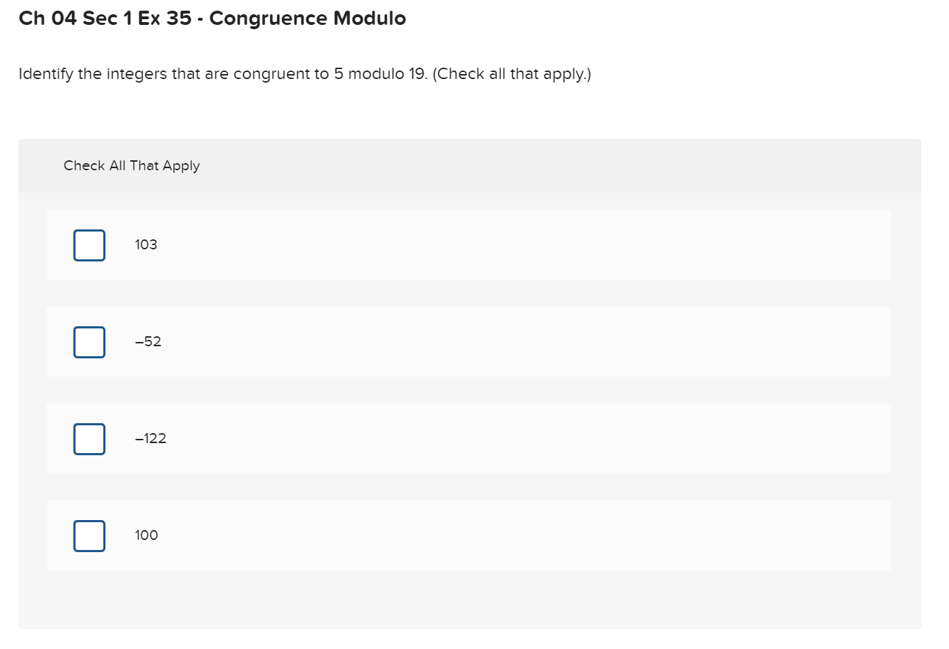 Solved Ch 04 Sec 1 Ex 35 - Congruence Modulo Identify the | Chegg.com