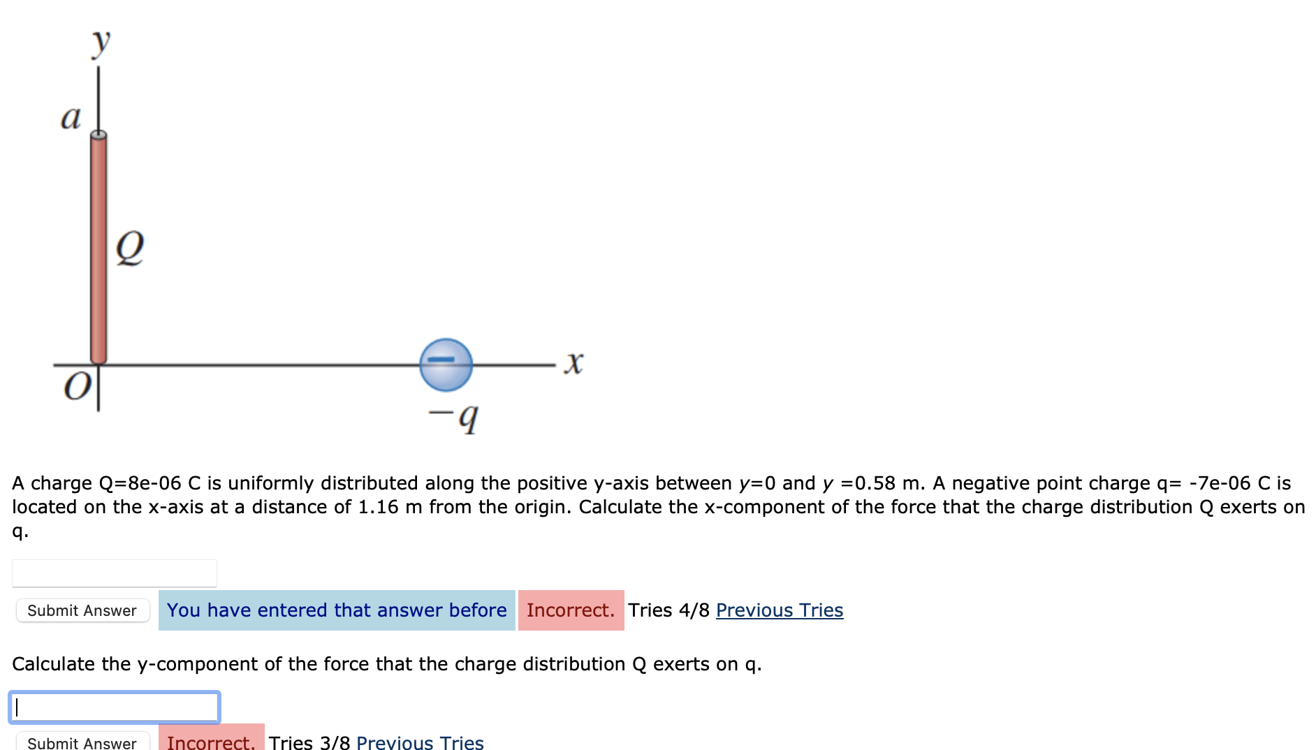 Solved A charge Q=8e-06C ﻿is uniformly distributed along the | Chegg.com