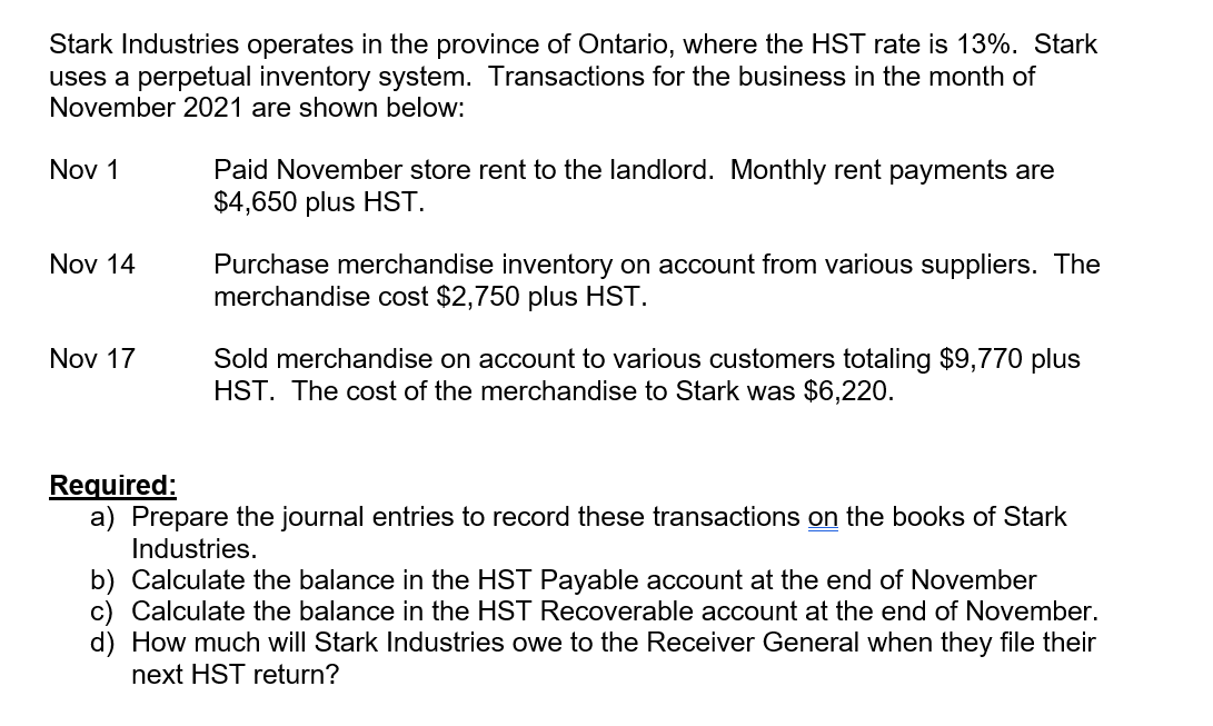 Solved Stark Industries operates in the province of Ontario, | Chegg.com