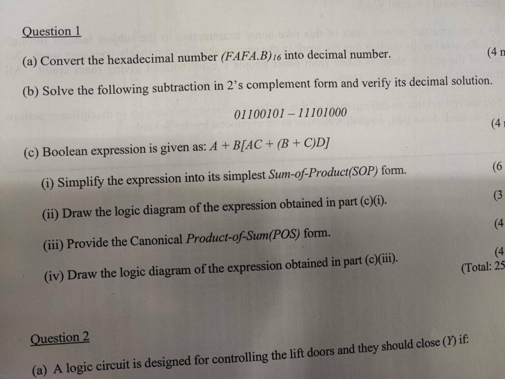 Solved Question 1 (4 n (a) Convert the hexadecimal number | Chegg.com